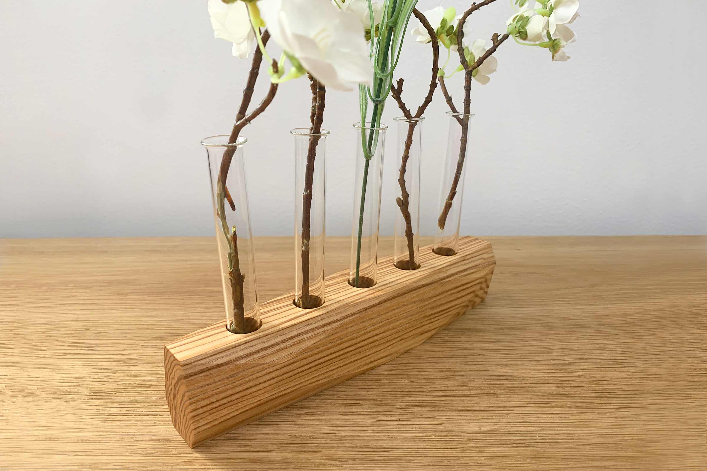 Wooden olive ash vase with 5 small test tubes - Edward Johnson Furniture